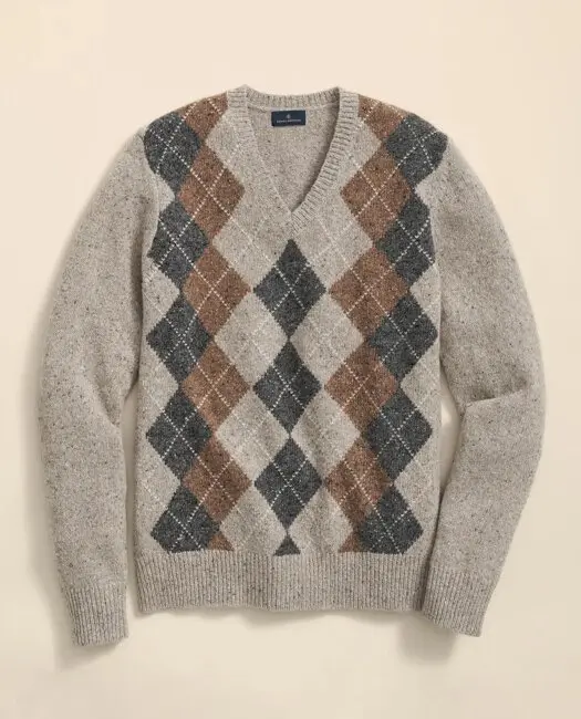 Brooks Brothers Wool Blend V-neck Argyle Sweater | | Small - Beige