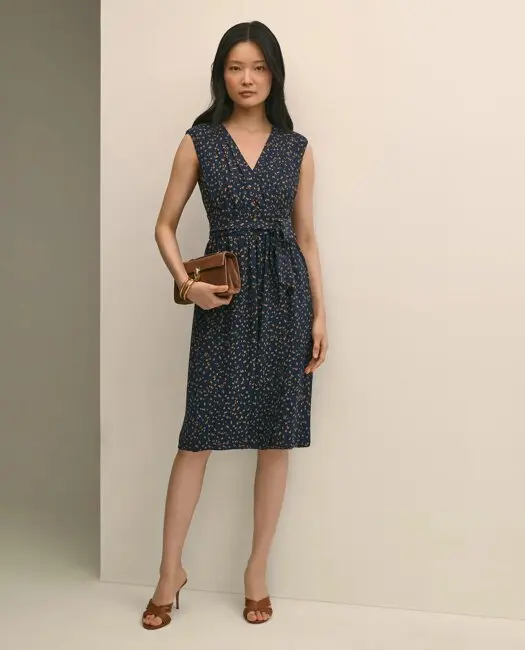 Brooks Brothers Georgette Crepe Abstract Print Faux-wrap Dress - Navy