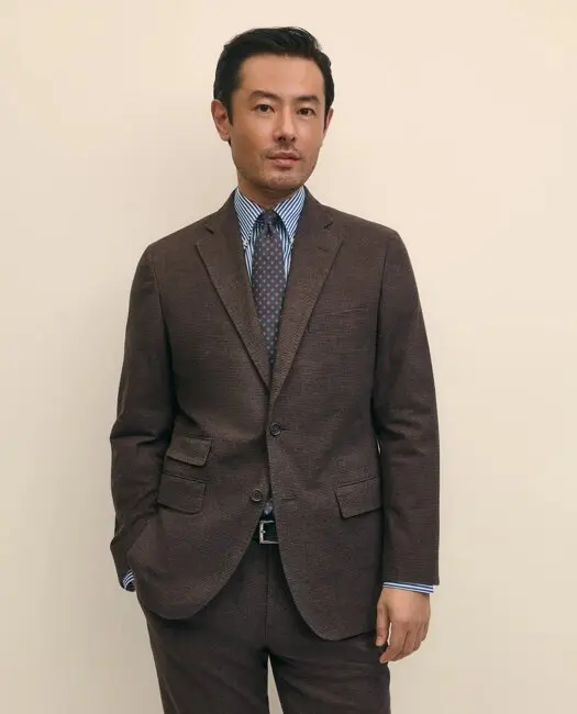 Brooks Brothers S Slim Fit Mini-houndstooth Suit Jacket In Brushed-cotton - Brown