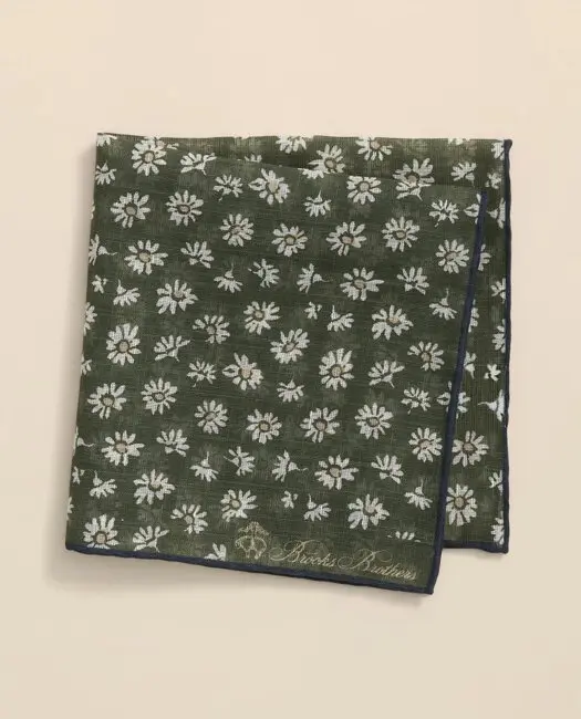Brooks Brothers Cotton-linen Daisy Print Pocket Square Tie - Olive