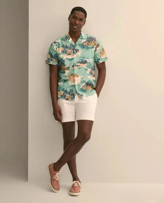 Brooks Brothers Cotton Camp Collar, Island Motif Short-sleeve Shirt - Blue