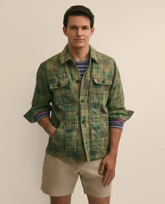 Brooks Brothers S Cotton Patchwork Madras Shirt Jacket - Olive