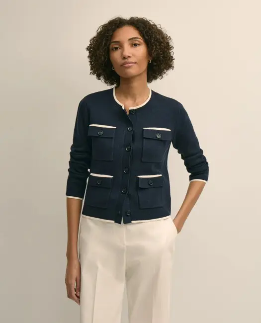 Brooks Brothers Cotton Tipped 4-pocket Cardigan Sweater - Navy