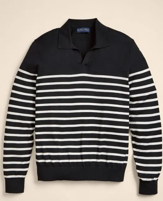 Brooks Brothers Supima Cotton Mariner Stripe Johnny Collar Sweater | | Medium - Black
