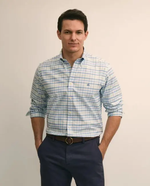 Brooks Brothers S Stretch Cotton Non-iron Oxford Polo Button Down, Plaid Sport Shirt - Blue