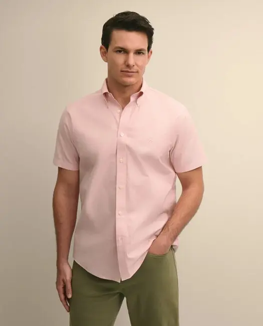 Brooks Brothers Stretch Cotton Non-iron Oxford Polo Button Down, Short Sleeve Sport Shirt - Peach