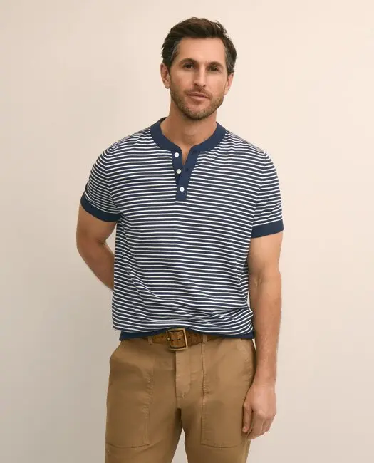 Brooks Brothers S Supima Cotton Short-sleeve Mariner Stripe Henley Sweater - Navy
