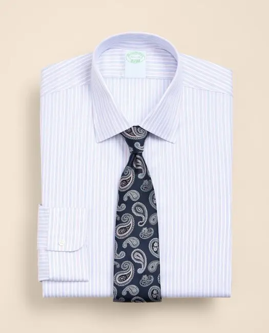 Brooks Brothers Explorer Collection Non-iron Twill Ainsley Collar, Triple Stripe Dress Shirt - Blue