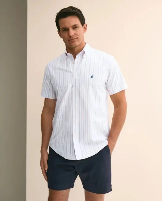 Brooks Brothers Stretch Cotton Non-iron Oxford Polo Button Down, Double-stripe Short Sleeve Sport Shirt - Blue