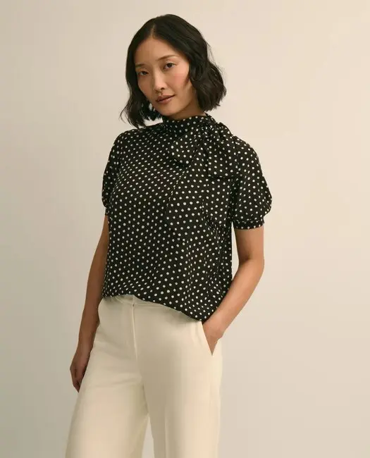 Brooks Brothers S Dot-print Tie-neck Blouse | | Small - Black