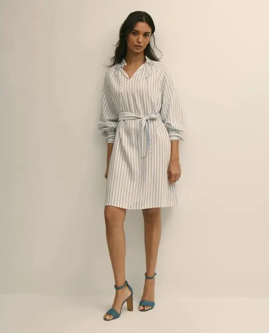 Brooks Brothers Viscose Pullover Striped Belted Shirt Dress - Blue
