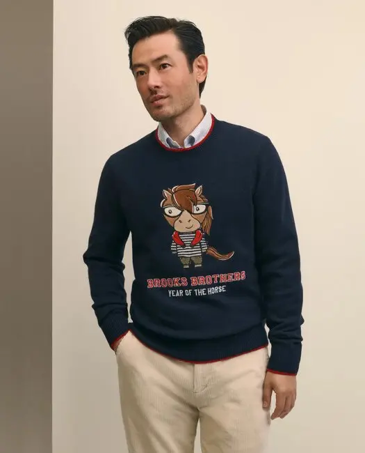 Brooks Brothers Lunar New Year Merino Wool-blend Intarsia Crewneck Sweater - Navy