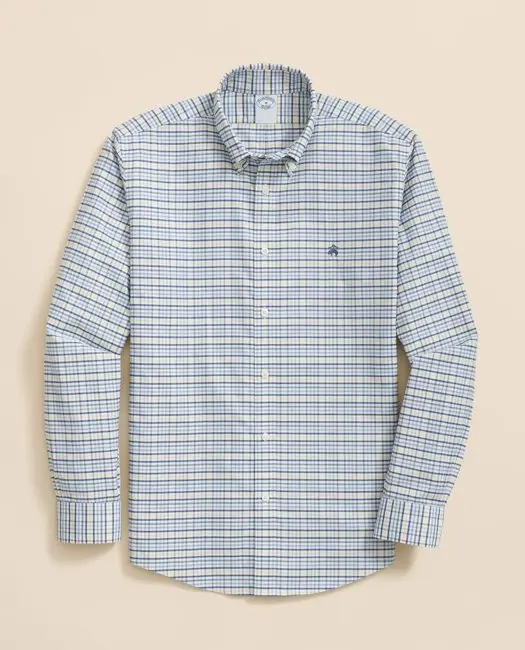 Brooks Brothers Stretch Non-iron Oxford Button-down Collar, Tattersall Sport Shirt | | Medium - Blue