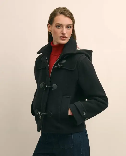 Brooks Brothers S Cropped Wool Toggle Coat With Removable Hood | | Large - Black