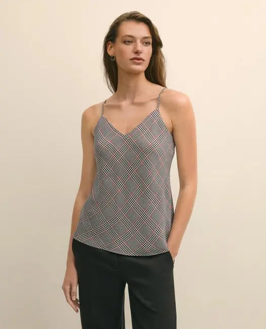 Brooks Brothers S V-neck Glen Plaid Print Camisole In Washable Silk Charmeuse - Black