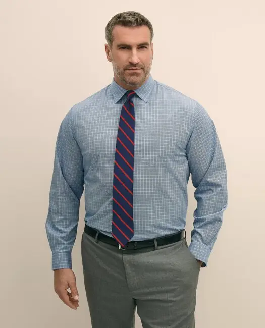 Brooks Brothers Big & Tall Stretch Cotton Broadcloth Non-iron Ainsley Collar Windowpane, Dress Shirt | | 19 38/3 - Blue