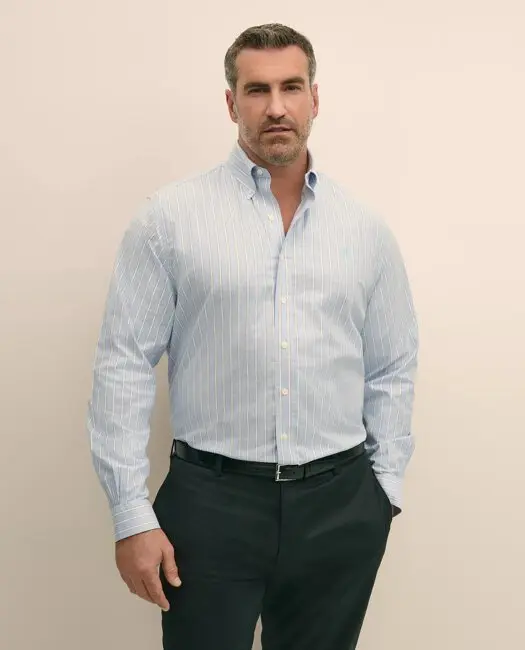 Brooks Brothers S Big & Tall Stretch Cotton Non-iron Oxford Polo Button Down Collar, Outline Stripe Shirt - Hydrangea