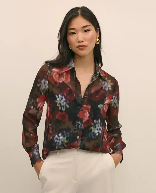 Brooks Brothers S Floral Print Sheer Blouse With Camisole - Multicolor