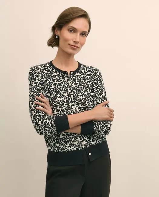 Brooks Brothers Leaf Print Cotton Cardigan | | Medium - Black