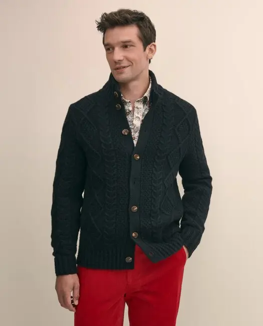 Brooks Brothers Merino Aran Cable Knit Cardigan - Black