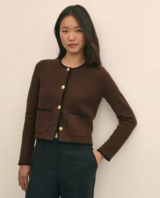 Brooks Brothers Brushed Merino Wool Suede Trim Sweater Jacket | | Large - Medium Brown