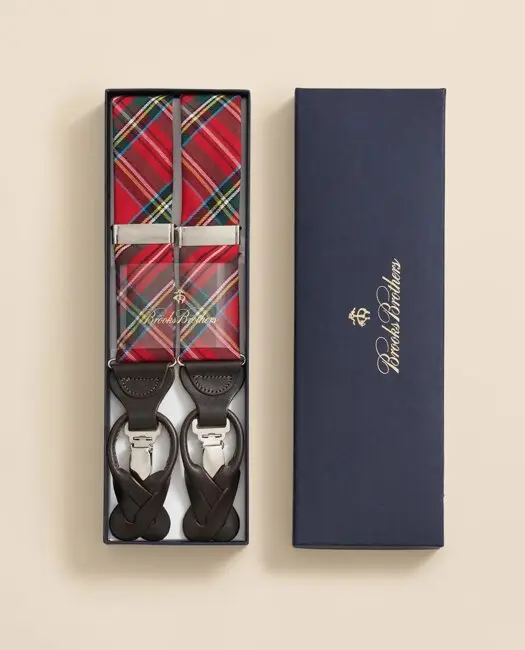 Brooks Brothers Royal Stewart Tartan Suspenders With Leather Trim And Interchangeable Fastenings - Red