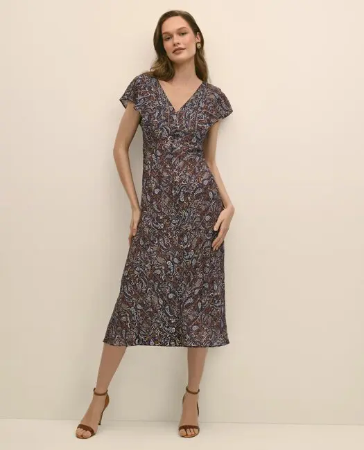 Brooks Brothers Paisley Shimmer Ruffle-front Chevron-stripe Dress - Blue