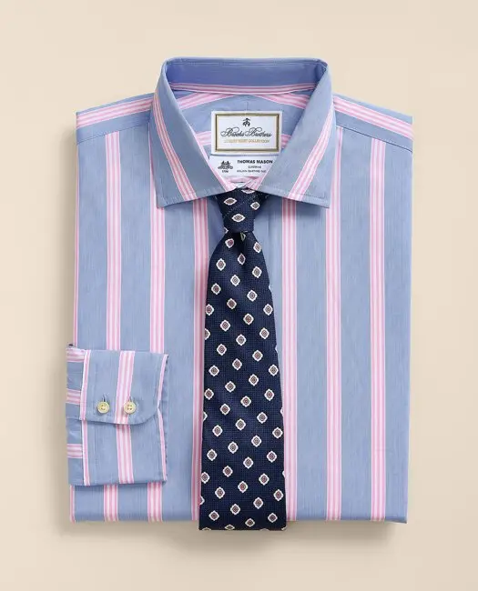 Brooks Brothers X Thomas Mason Cotton Poplin English Collar, Bold Stripe Dress Shirt - Pink