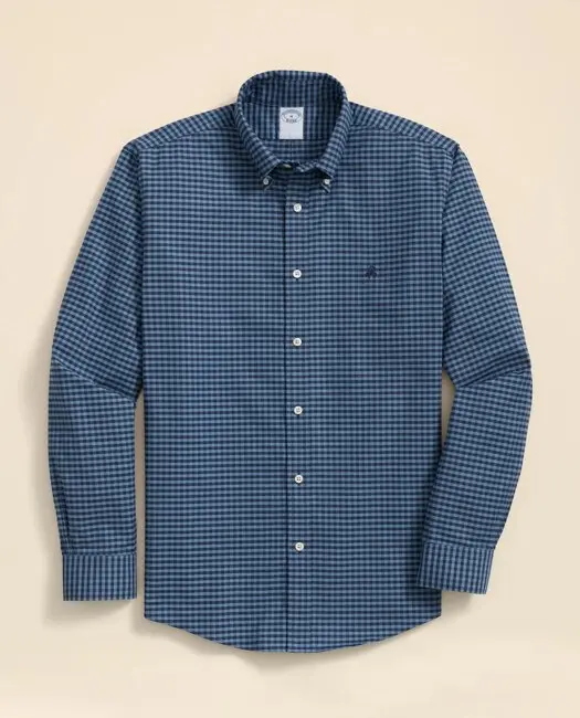 Brooks Brothers Stretch Cotton Non-iron Oxford Polo Button Down Collar, Gingham Shirt - Blue