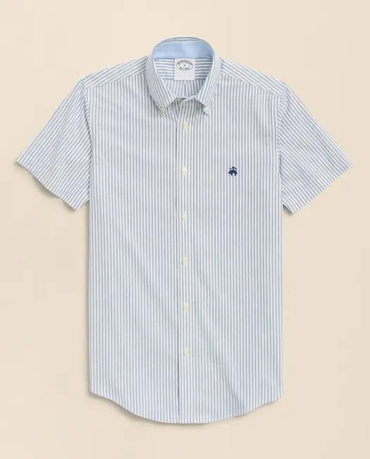 Brooks Brothers Stretch Non-iron Oxford Button-down Collar Short-sleeve Sport Shirt - Blue