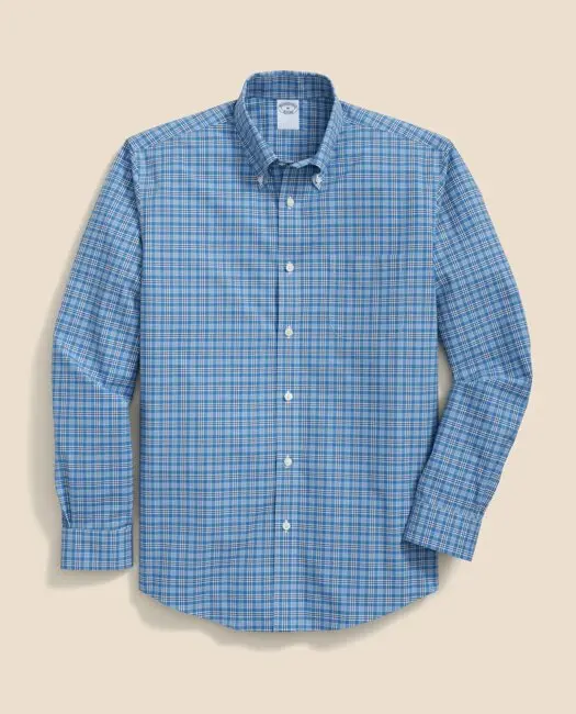 Brooks Brothers Stretch Cotton Non-iron Polo Button Down Collar, Checked Shirt - Blue
