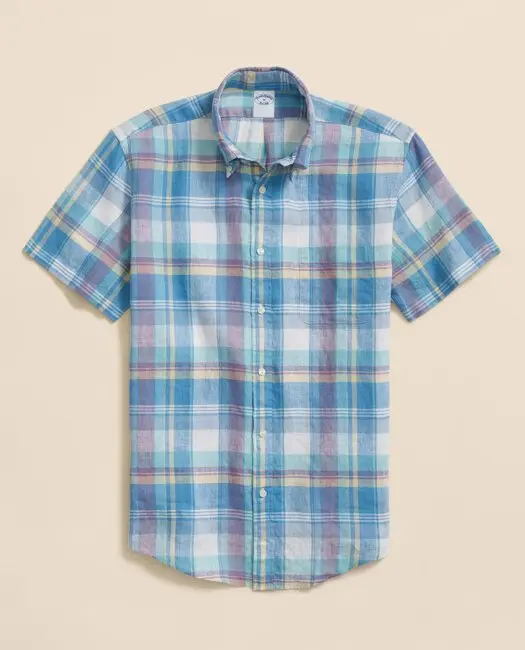 Brooks Brothers Irish Linen Polo Button Down Collar, Checked Short-sleeve Shirt | | Medium - Blue