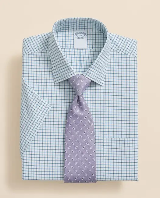 Brooks Brothers Stretch Supima Cotton Non-iron Broadcloth Ainsley Collar, Windowpane Short-sleeve Dress Shirt | | Siz - Blue