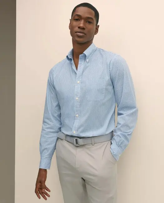 Brooks Brothers Performance Series Stretch Polo Button-down Collar, Candy Stripe Sport Shirt - Blue