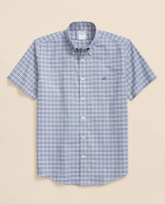 Brooks Brothers Stretch Cotton Non-iron Oxford Polo Button-down Collar, Plaid Short-sleeve Shirt - Pink