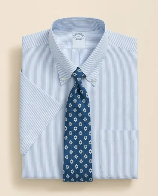 Brooks Brothers Stretch Supima Cotton Non-iron Polo Button Down Collar, Mini Stripe Short-sleeve Dress Shirt - Hydrangea