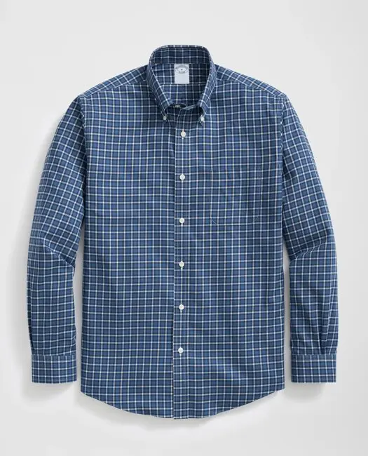 Brooks Brothers Stretch Supima Cotton Non-iron Oxford Polo Button Down Collar Windowpane Shirt - Dark Blue