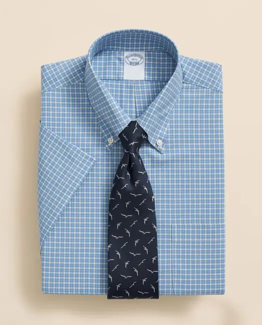Brooks Brothers Stretch Supima Cotton Non-iron Broadcloth Polo Button-down Collar, Checked Short-sleeve Dress Shirt - Blue