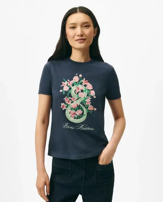 Brooks Brothers Lunar New Year Cotton Embroidered Bouquet Snake Motif T-shirt - Navy