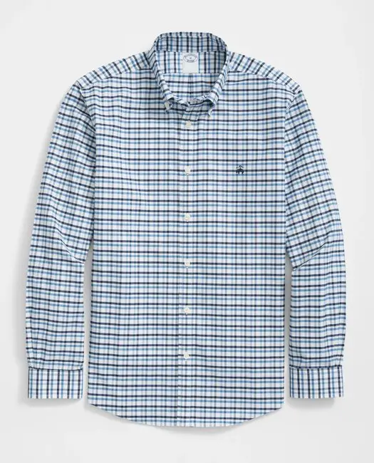 Brooks Brothers Stretch Cotton Non-iron Oxford Polo Button Down Collar, Double-check Shirt - Blue