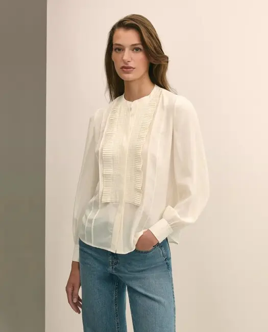 Brooks Brothers S Silk Haboti Pintucked Band-collar Blouse | | Large - Marshmallow