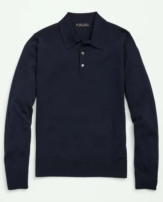 Brooks Brothers Merino Wool Long Sleeve Polo Sweater - Navy