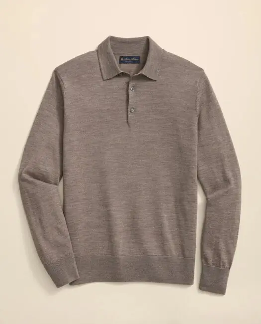 Brooks Brothers Merino Wool Long Sleeve Polo Sweater - Tan