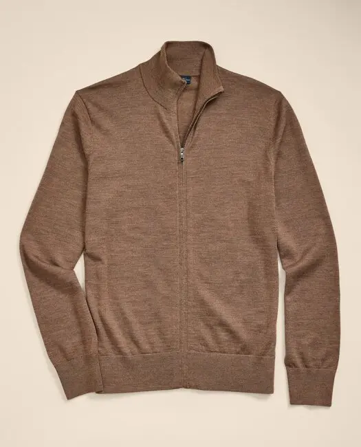 Brooks Brothers Ultimate Merino Wool Full Zip Sweater - Khaki