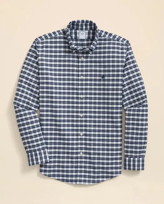Brooks Brothers Stretch Cotton Non-iron Oxford Polo Button Down Collar, Checked Shirt | | Large - Navy