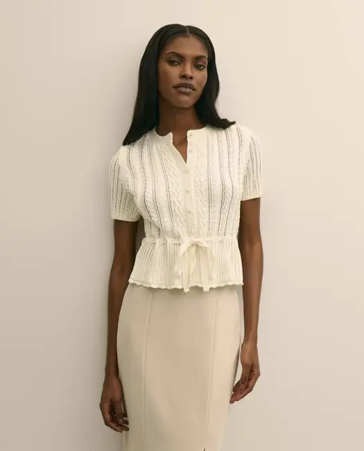 Brooks Brothers Short-sleeve Pointelle Peplum Cardigan Sweater - Marshmallow