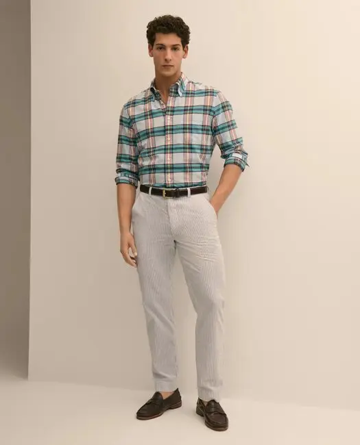 Brooks Brothers Washed Cotton Seersucker Pants - Blue