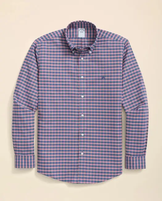 Brooks Brothers Stretch Cotton Non-iron Oxford Polo Button Down Collar, Ground Check Shirt - Navy