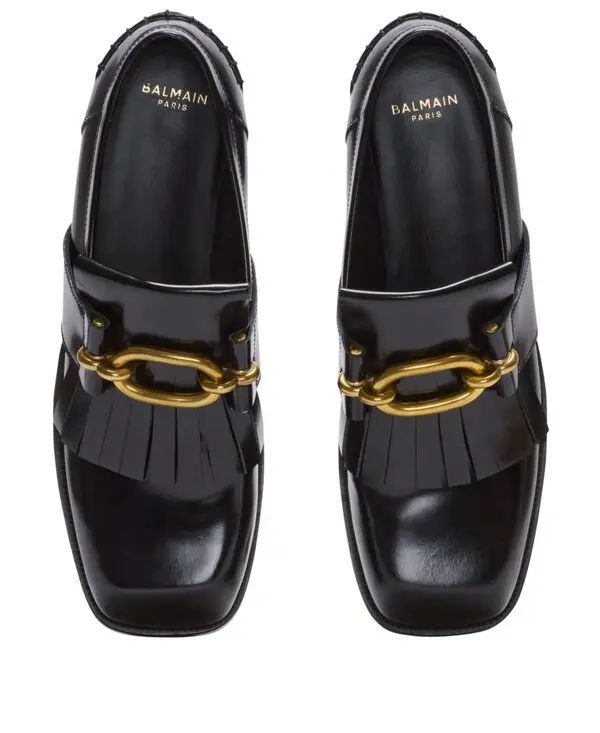 Balmain Sync Glazed Leather Loafers With Gold Tone Detailing - Black