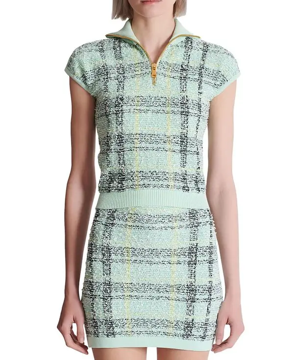 Balmain Sleeveless Plaid Tweed Top - Green